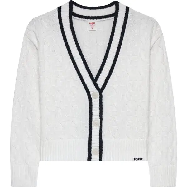 Boast Cardigan Sweater With Varsity Styling - White Navy
