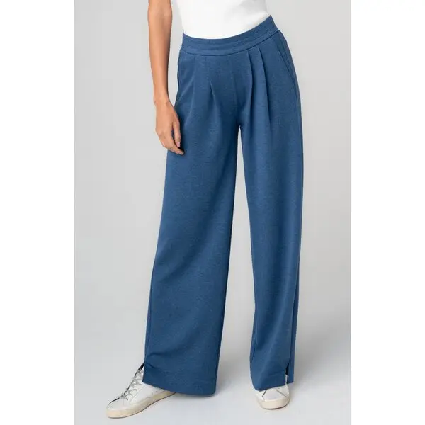 LIVERPOOL Pleat Front Pull On Wide Leg Pants - Heathered Navy