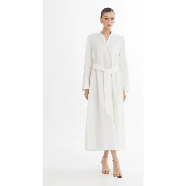 GIZIA Ecru Bone Button Detail Midi Dress With Beaded Belt
