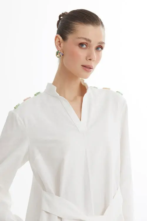 GIZIA Ecru Bone Button Detail Midi Dress With Beaded Belt