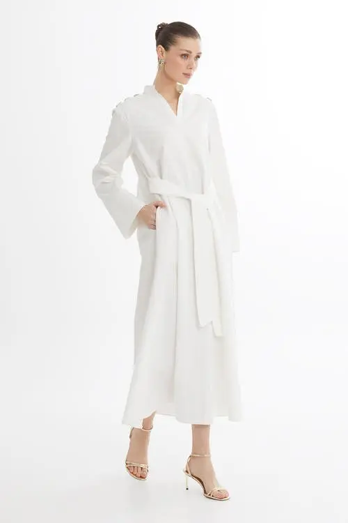 GIZIA Ecru Bone Button Detail Midi Dress With Beaded Belt