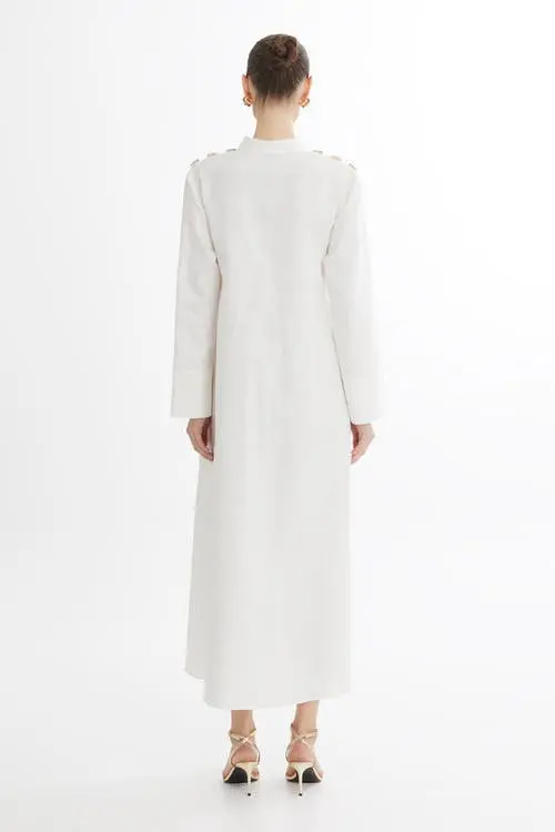 GIZIA Ecru Bone Button Detail Midi Dress With Beaded Belt