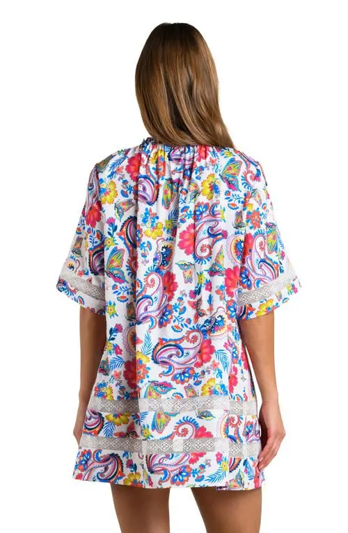 SUNSHINE 79 Butterfly Print Tunic Cover-up With Lace Panels And Tassels