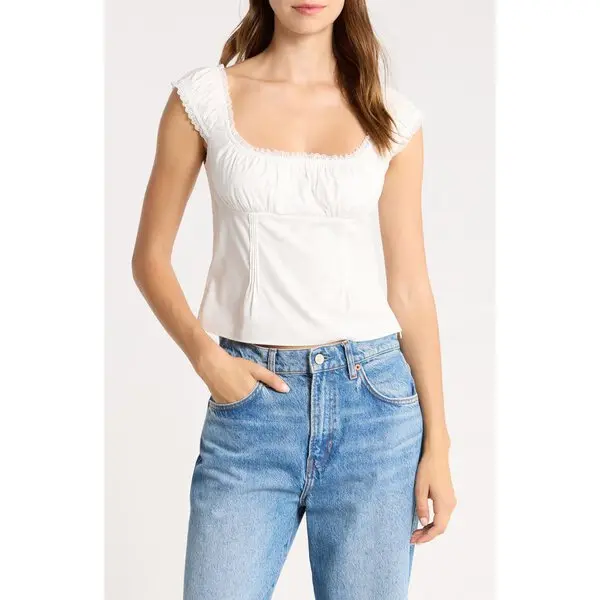 REFORMATION Amourette Lace Trim Square Neck Top - White
