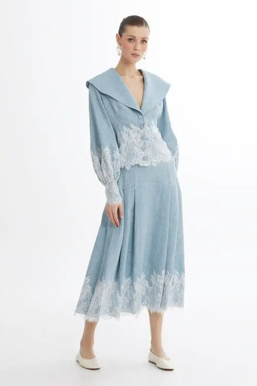 GIZIA Embroidered Balloon Sleeve Linen Jacket - Blue