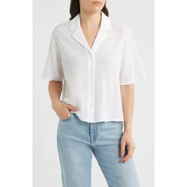 Eileen Fisher Texture Stretch Organic Cotton Camp Shirt - White