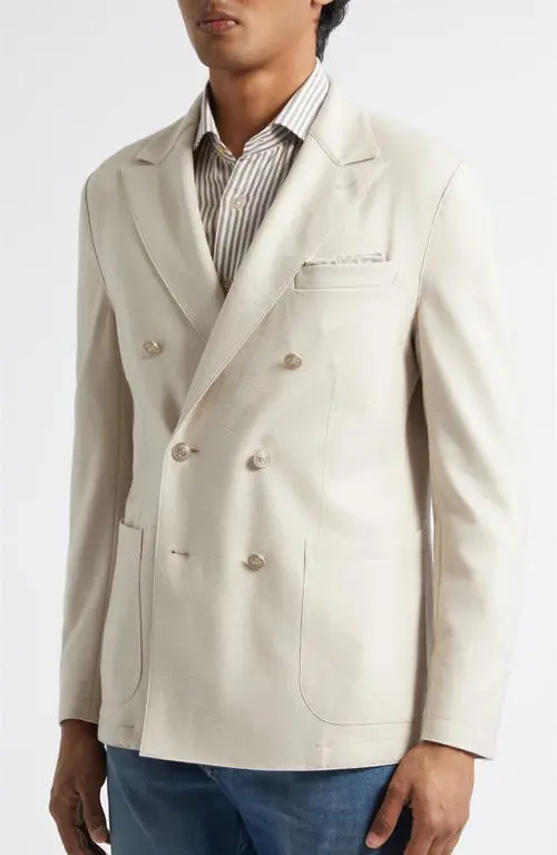 Eleventy Double Breasted Tan Knit Wool Blend Peak Lapel Sport Coat