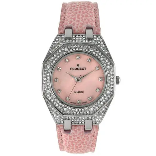 PEUGEOT Hexagonal Crystal Bezel Leather Watch 37mm - Pink
