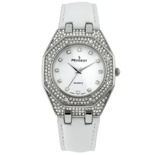 PEUGEOT Hexagonal Crystal Bezel Leather Watch 37mm - White