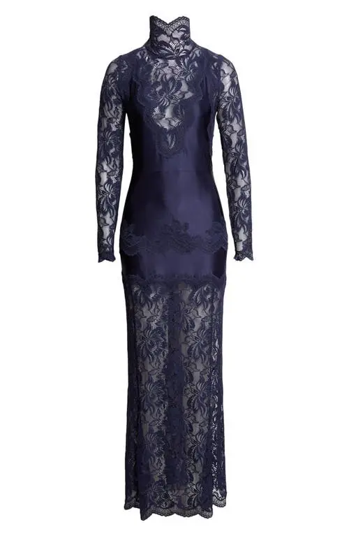 Rabanne Long Sleeve Lace & Jersey Turtleneck Dress - Deep Navy
