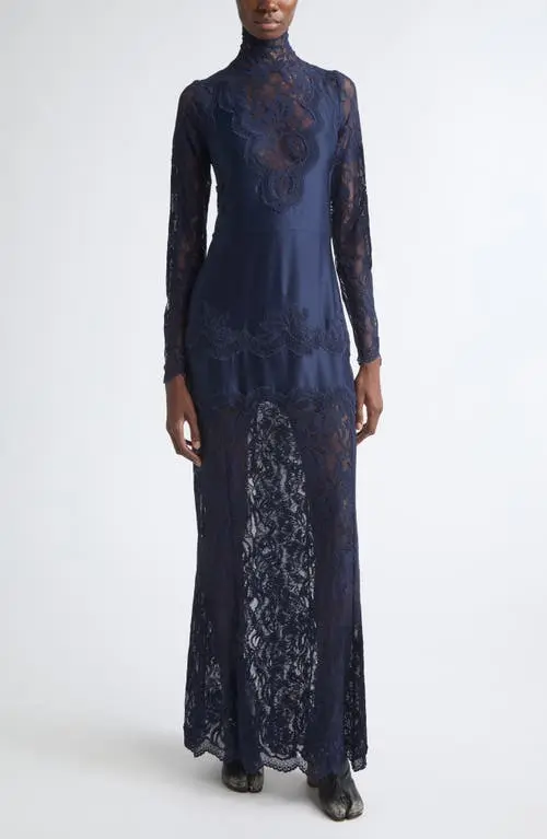 Rabanne Long Sleeve Lace And Jersey Turtleneck Maxi Dress - Deep Navy