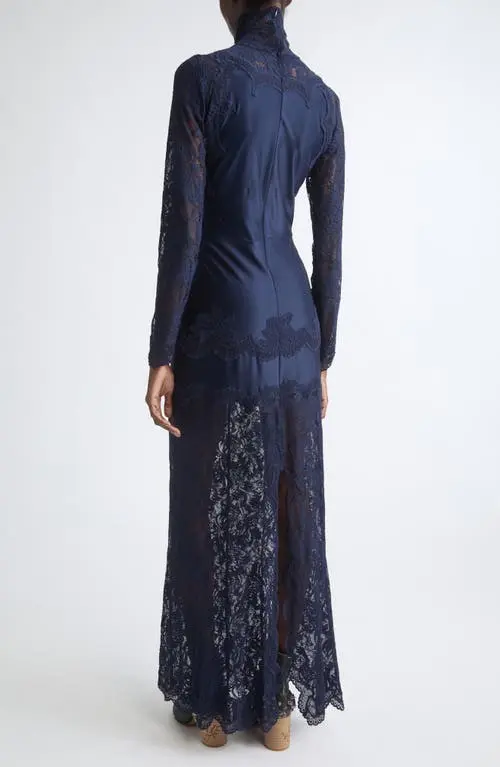 Rabanne Long Sleeve Lace And Jersey Turtleneck Maxi Dress - Deep Navy