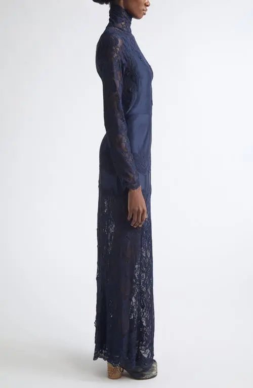 Rabanne Long Sleeve Lace And Jersey Turtleneck Maxi Dress - Deep Navy