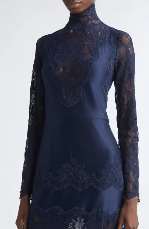 Rabanne Long Sleeve Lace And Jersey Turtleneck Maxi Dress - Deep Navy