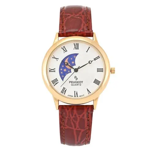 PEUGEOT Vintage Left Window Sun Moon Leather Watch- 38mm - Brown