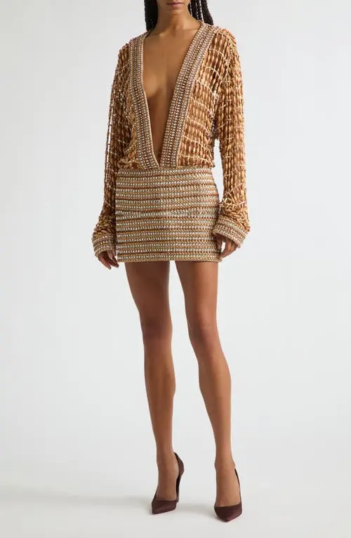 LAQUAN SMITH Beaded Plunge Neck Long Sleeve Mini Dress