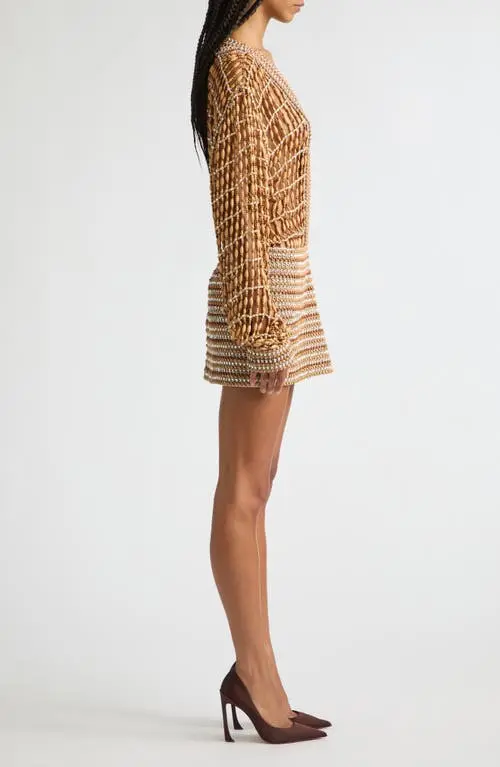LAQUAN SMITH Beaded Plunge Neck Long Sleeve Mini Dress