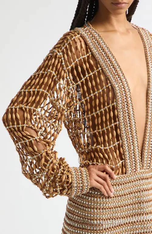 LAQUAN SMITH Beaded Plunge Neck Long Sleeve Mini Dress
