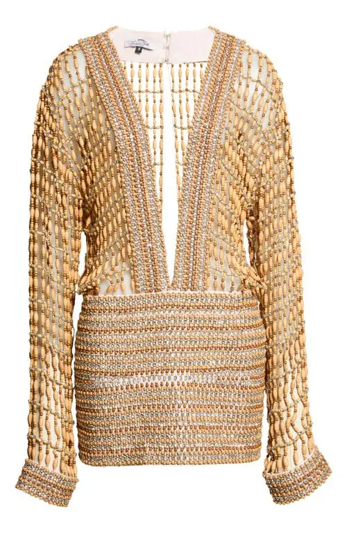 LAQUAN SMITH Beaded Plunge Neck Long Sleeve Mini Dress