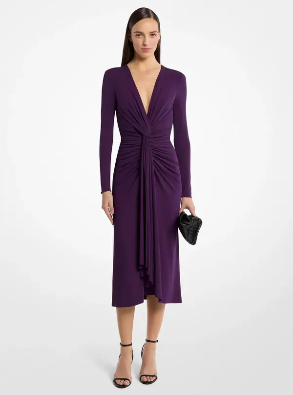 Michael Kors Plunge Neck Gathered Matte Jersey Midi Dress - Purple
