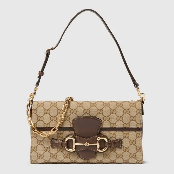 Gucci Horsebit Ristretto Medium Shoulder Bag In Gg Canvas - Beige
