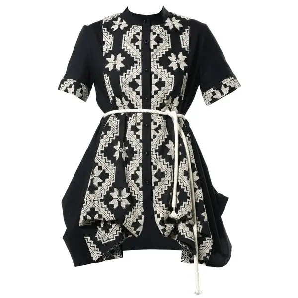 METAMORPHOZA Draped Tunic Shirt With Embroidered Details And Rope Belt - Black