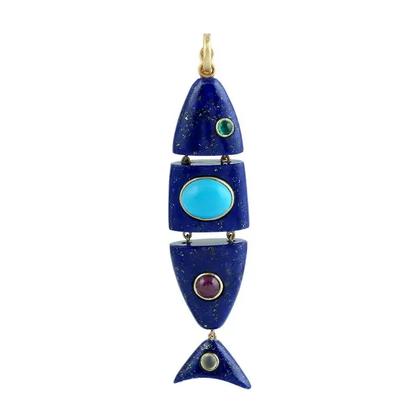 ARTISAN 14k Yellow Gold Lapis Lazuli Fish Pendant With Turquoise, Emerald, Ruby & Moonstone - Blue/red/yellow