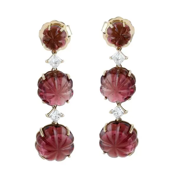 ARTISAN 14k Yellow Carved Pink Tourmaline And Diamond Triple Drop Earrings - Gold