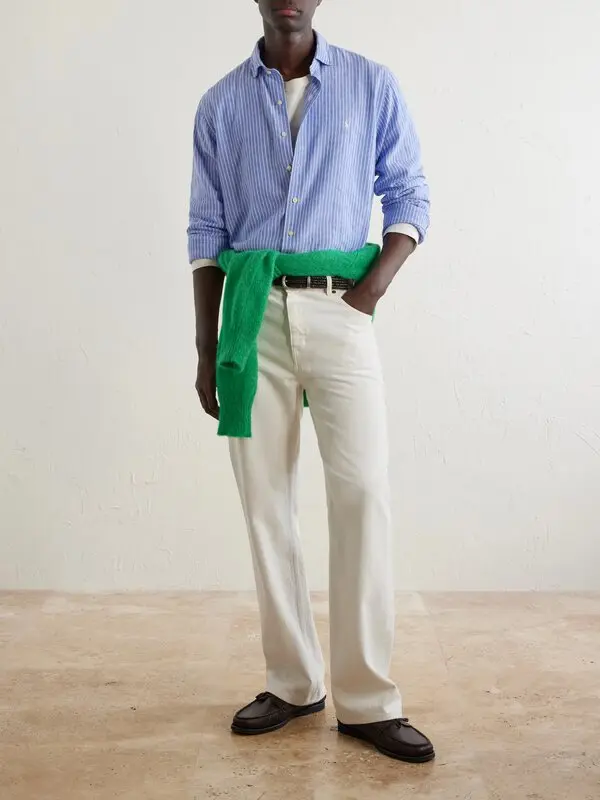 Polo Ralph Lauren Striped Logo-embroidered Cotton And Linen-blend Seersucker Shirt - Blue