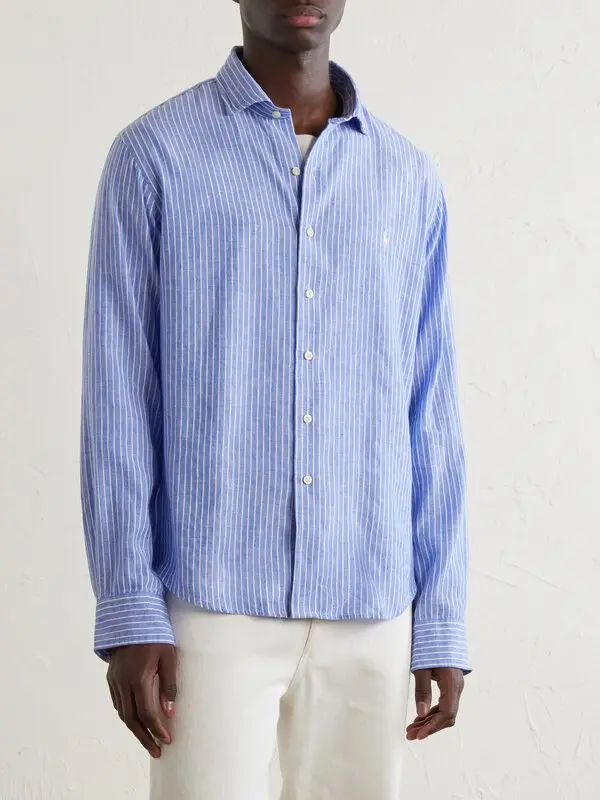 Polo Ralph Lauren Striped Logo-embroidered Cotton And Linen-blend Seersucker Shirt - Blue