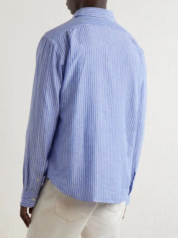 Polo Ralph Lauren Striped Logo-embroidered Cotton And Linen-blend Seersucker Shirt - Blue