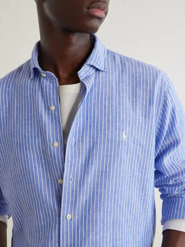 Polo Ralph Lauren Striped Logo-embroidered Cotton And Linen-blend Seersucker Shirt - Blue