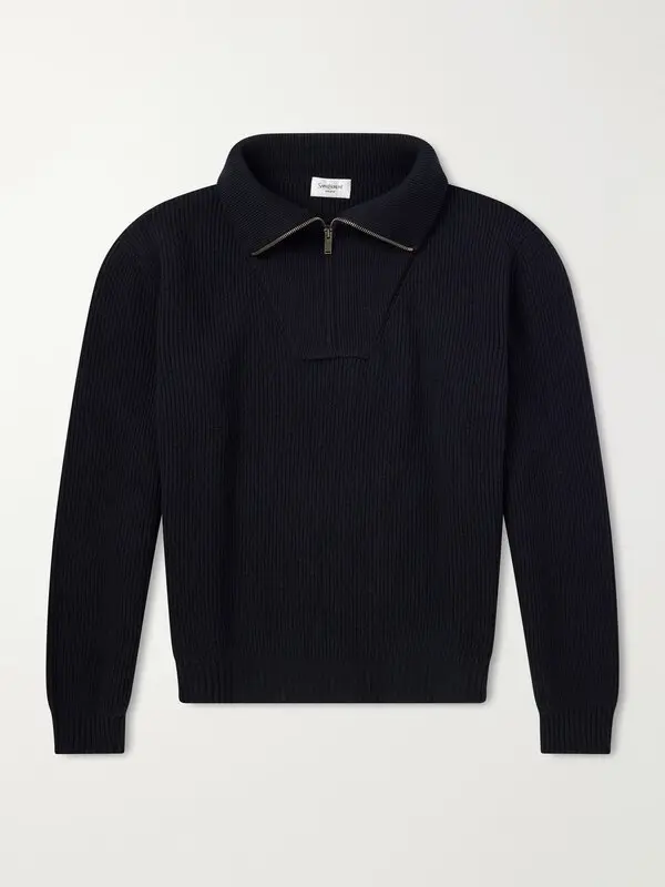 Saint Laurent Ribbed Wool Quarter Zip Sweater - Black