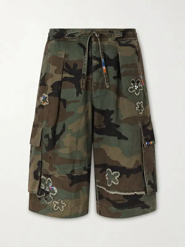 NAHMIAS Wide-leg Printed Cotton Cargo Shorts - Green