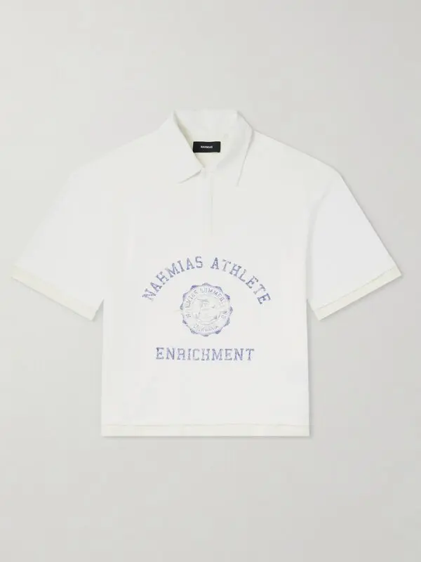 NAHMIAS Destroyed Logo-print Pointelle-knit Cotton Polo Shirt - White