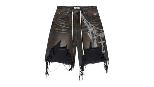 VALE FOREVER Chain Detail Distressed Denim Shorts - Black
