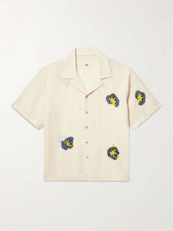 Folk Camp-collar Printed Embroidered Linen And Cotton-blend Shirt