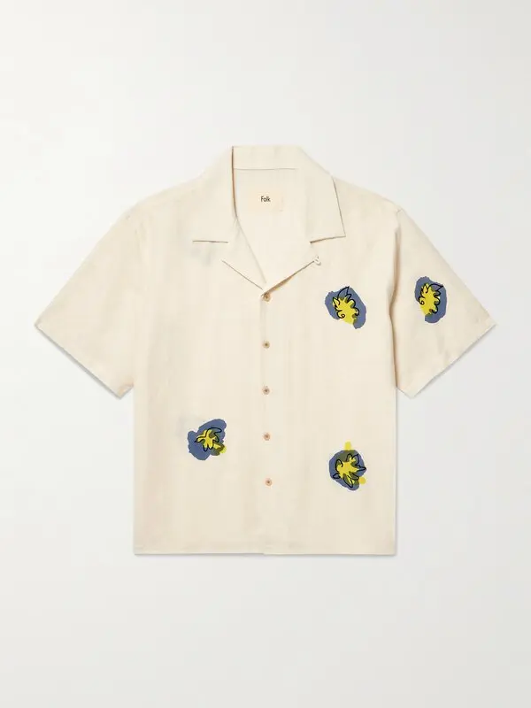 Folk Camp-collar Printed Embroidered Linen And Cotton-blend Shirt