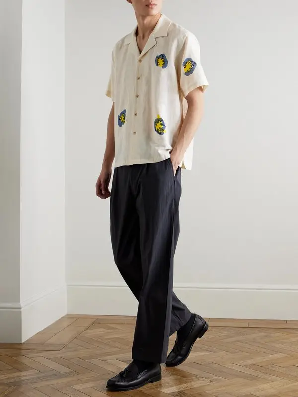 Folk Camp-collar Printed Embroidered Linen And Cotton-blend Shirt