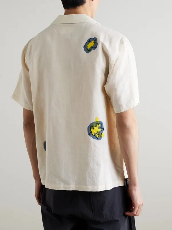 Folk Camp-collar Printed Embroidered Linen And Cotton-blend Shirt