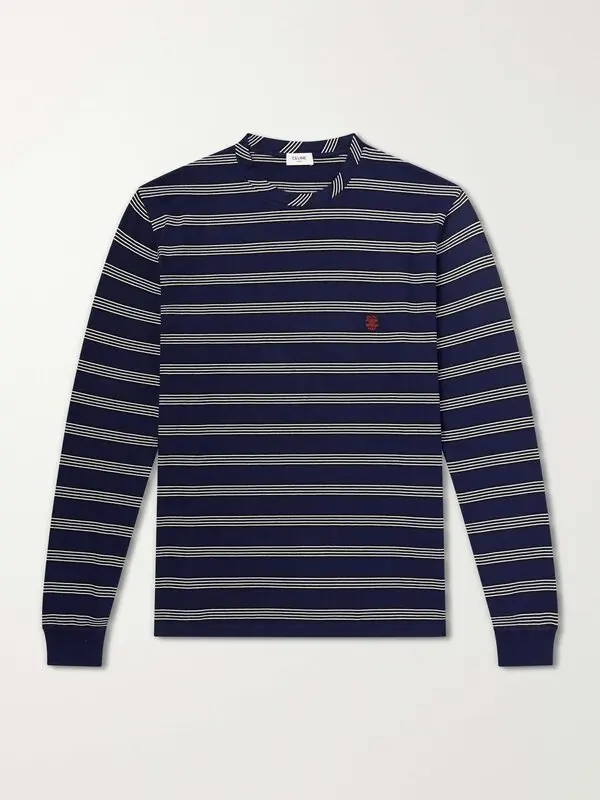 Celine Triomphe-embroidered Striped Cotton-jersey T-shirt