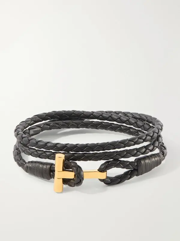 TOM FORD Braided Leather And Gold-plated Wrap Bracelet - Brown