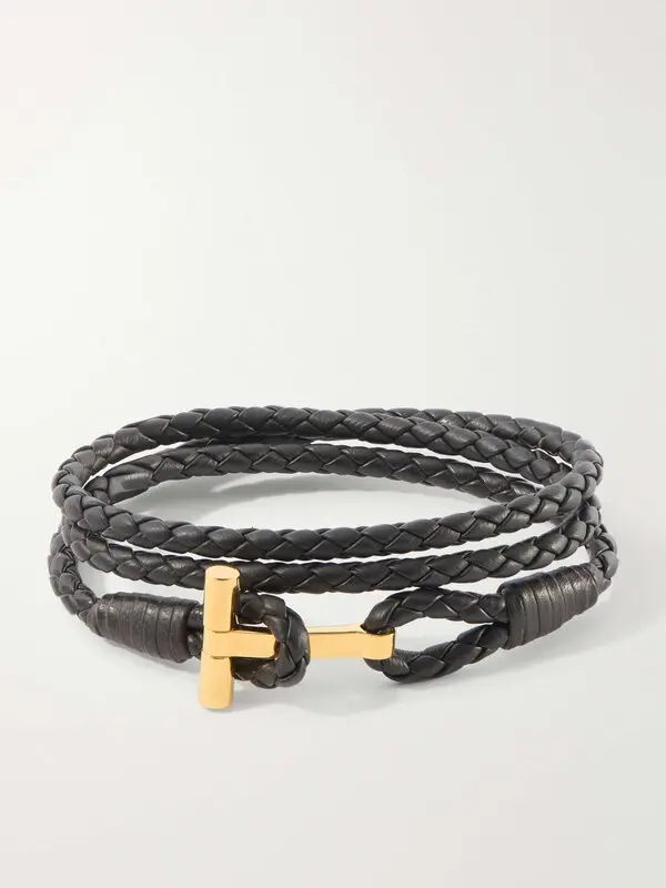 TOM FORD Braided Leather And Gold-plated Wrap Bracelet - Dark Brown
