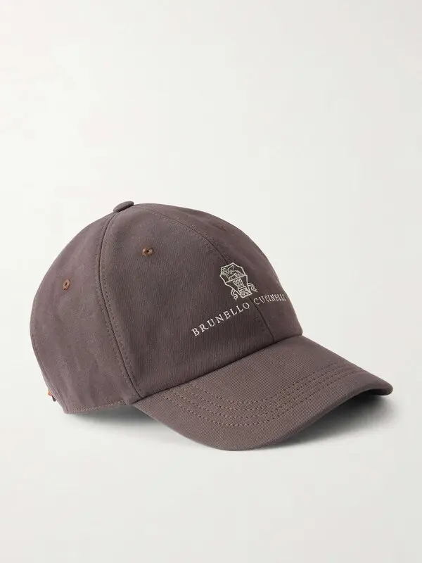 Brunello Cucinelli Logo-embroidered Leather-trimmed Cotton-twill Baseball Cap - Dark Brown