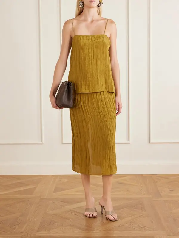 Tibi Crinkled Charmeuse Midi Skirt - Yellow