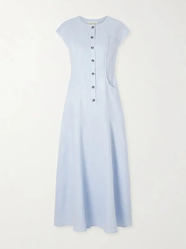Saloni Sierra Linen Midi Dress - Blue