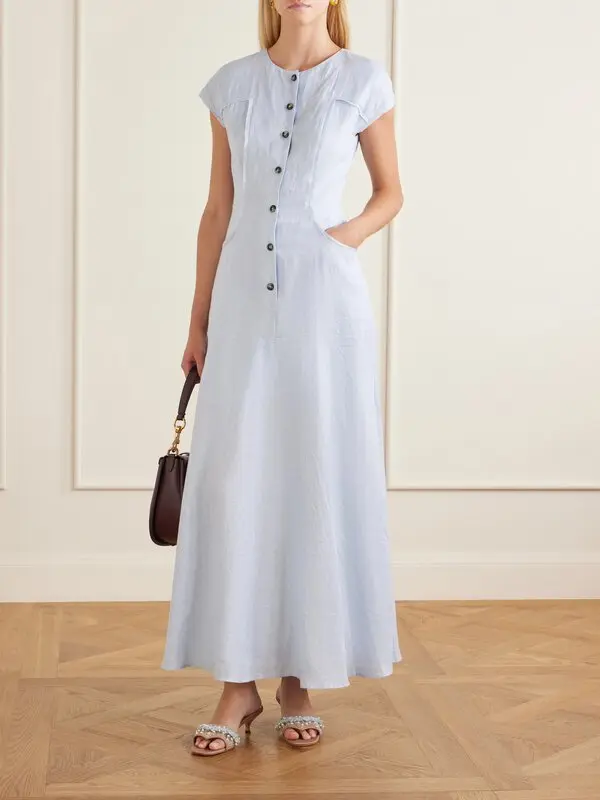 Saloni Sierra Linen Midi Dress - Blue