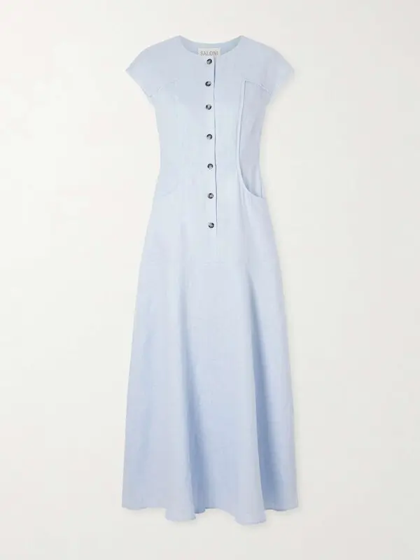 Saloni Sierra Linen Midi Dress - Light Blue