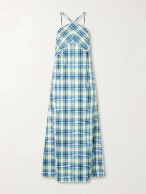 Rosie Assoulin Call Me Maybe Checked Woven Cotton Maxi Dress - Green