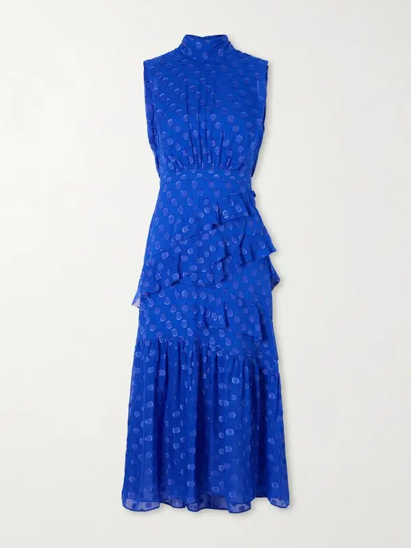 Saloni Fleur Polka-dot Ruffled Silk-blend Midi Dress - Blue